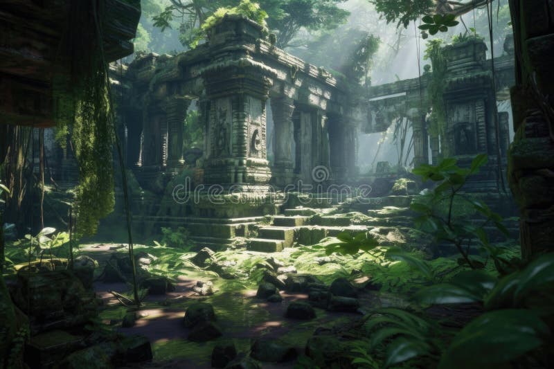 Sunlit Temple Ruins in a Dense Jungle Stock Illustration - Illustration ...