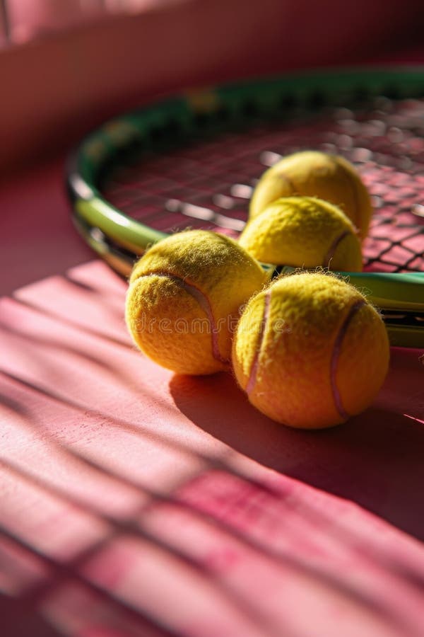 Sunlit Tennis Balls Resting on a Racket S Strings Casting Shadows Stock ...