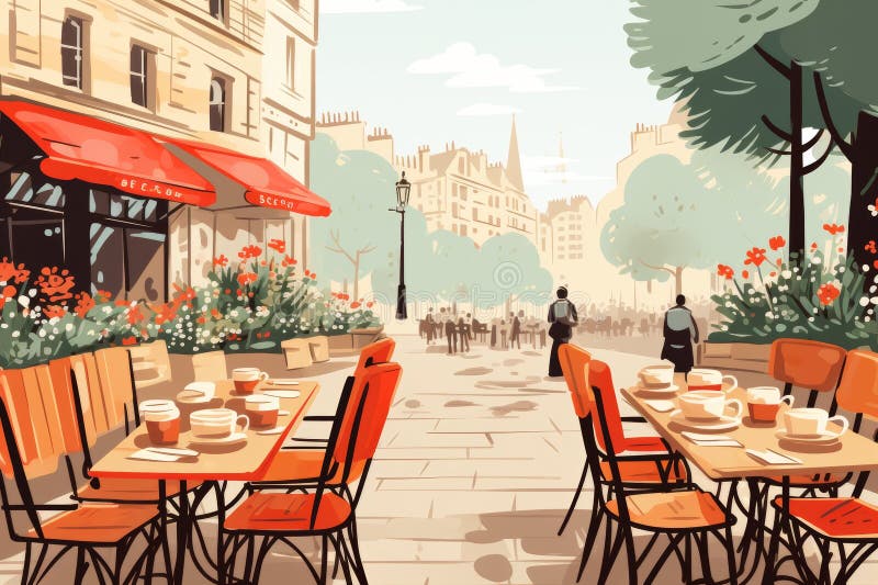 Sunlit Terrace Cafe Illustration of a Cozy Cafe with a Terrace in Warm ...