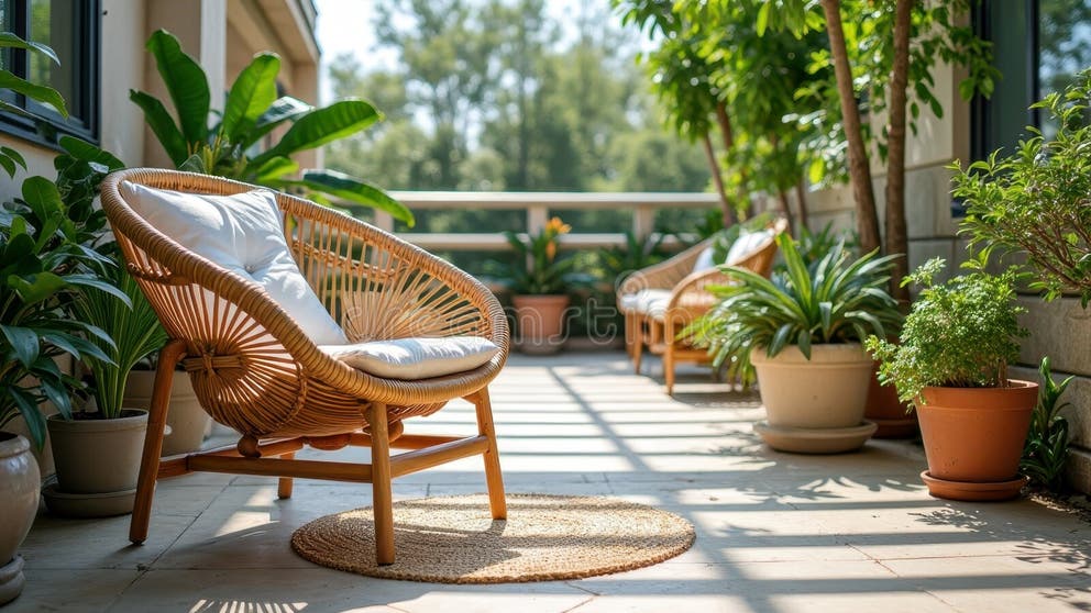 Sunlit Terrace with Elegant Rattan Chairs and Lush Greenery Stock Image ...