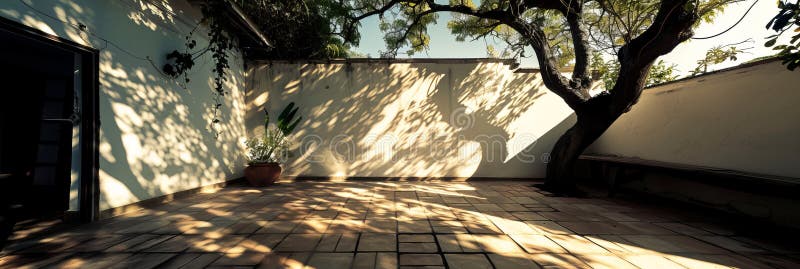 Sunlit Terrace Near the House, Shadows on the Wall from Trees, Banner ...