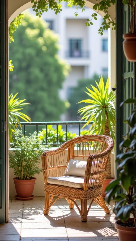 Sunlit Terrace with Wicker Chair and Lush Greenery Stock Photo - Image ...