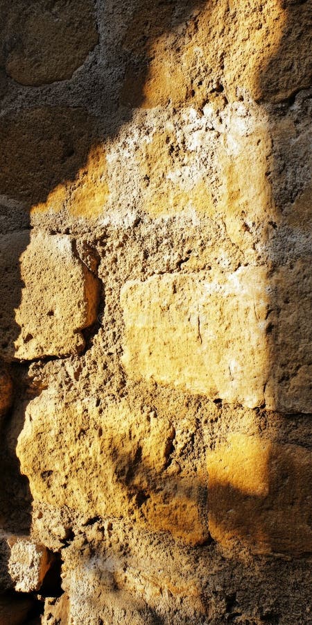 Sunlit Textured Stone Wall with Warm Tones and Shadows Creating a ...
