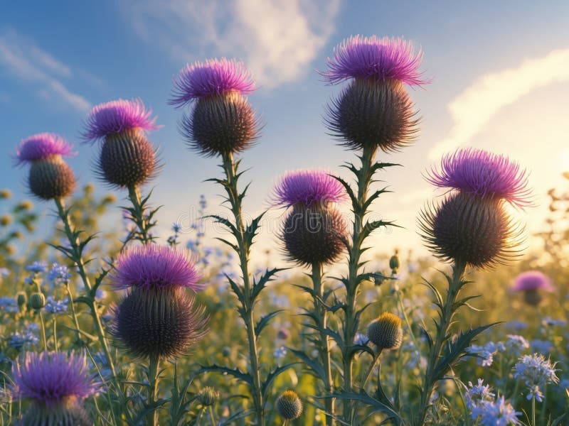 Sunlit Thistle Field Botanical Background with Golden Light Stock Photo ...
