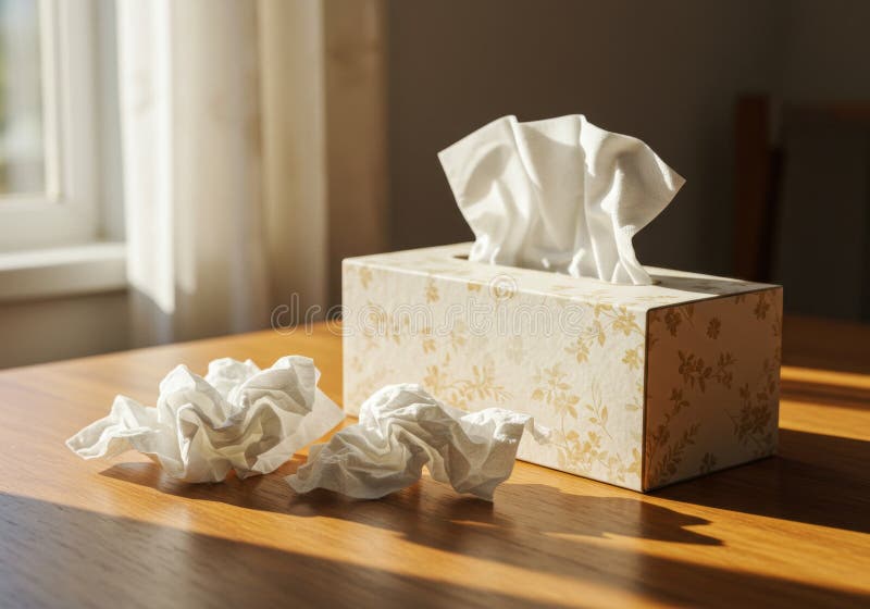 Sunlit Tissue Box with Crumpled Tissues on Wooden Table Stock Photo ...