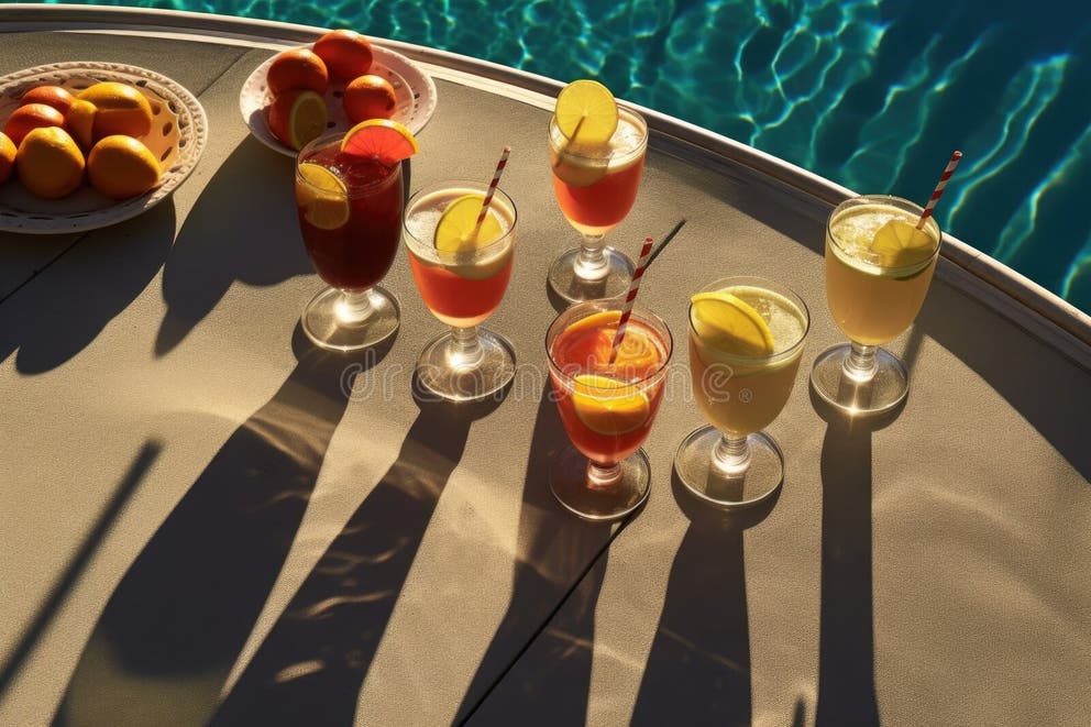 Sunlit Tom Collins Cocktails Casting Shadows by Pool Stock Illustration ...