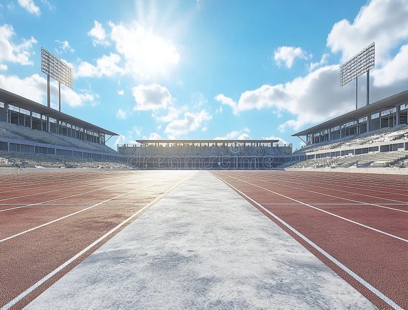 Sunlit Track and Field Stadium with Empty Stands Under a Bright Sky ...