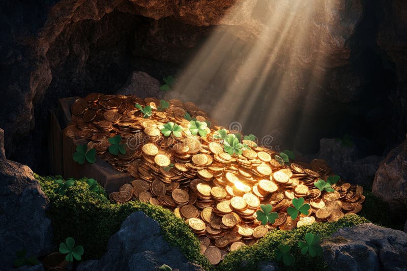 Sunlit Treasure Chest of Gold Coins and Clovers in a Grotto Stock ...