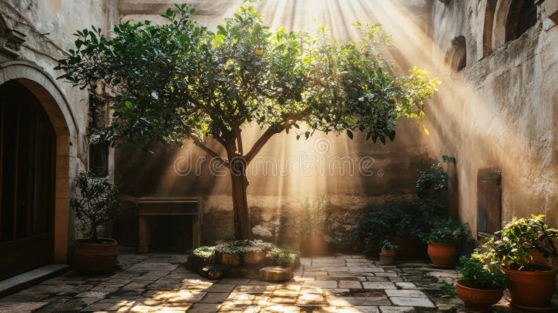 Sunlit Tree in Ancient Stone Courtyard Stock Illustration ...