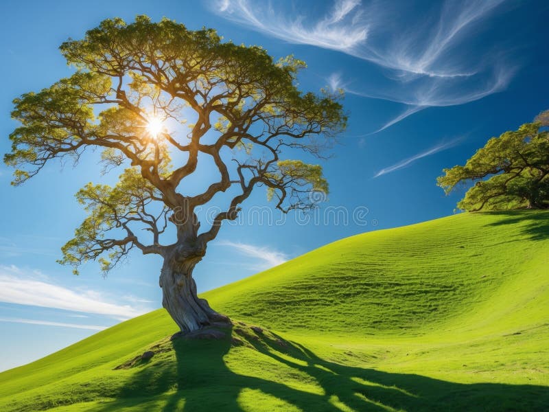 Sunlit Tree Casts Shadow on Lush Green Hill Under Bright Blue Sky Stock ...