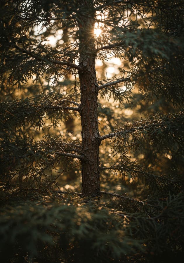 Sunlit Tree in Dark Forest stock illustration. Illustration of nature ...