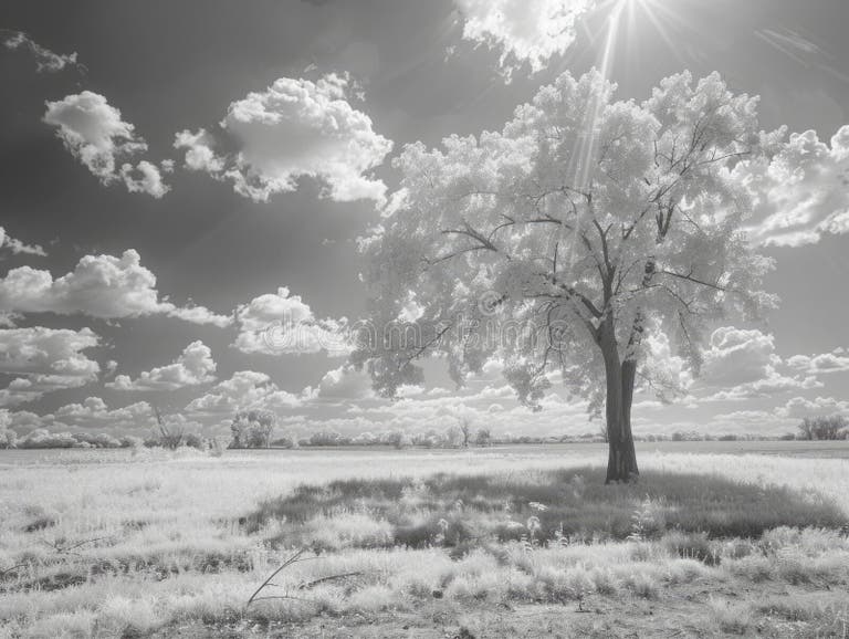 Sunlit Tree in Field stock image. Image of summer, vintage - 367173539