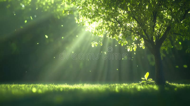 Sunlit Tree, Green Grass, Spring Leaves Stock Illustration ...
