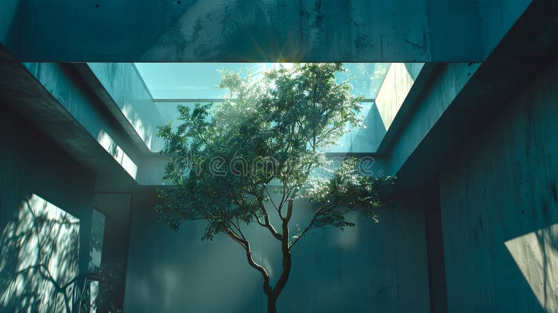 Sunlit Tree Growing in Modern Concrete Courtyard with Skylights ...
