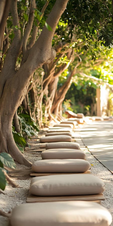 Sunlit Tree-lined Pathway with Pebbles Stock Illustration ...