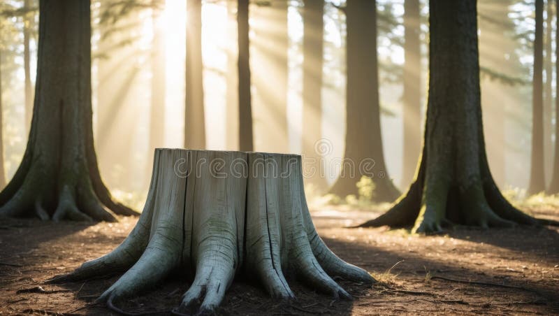 A Sunlit Tree Stump with Background Trees Transmitting Sunlight. Stock ...