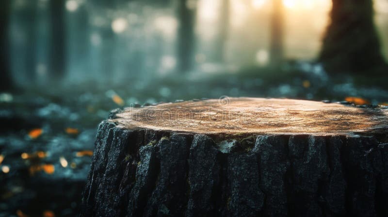Sunlit Tree Stump in a Misty Forest Scene Stock Illustration ...
