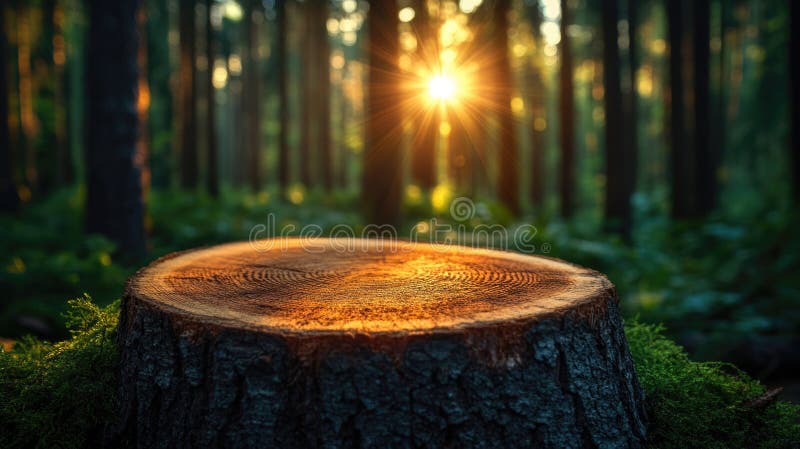 Sunlit Tree Stump in Serene Forest at Sunset Stock Photo - Image of ...