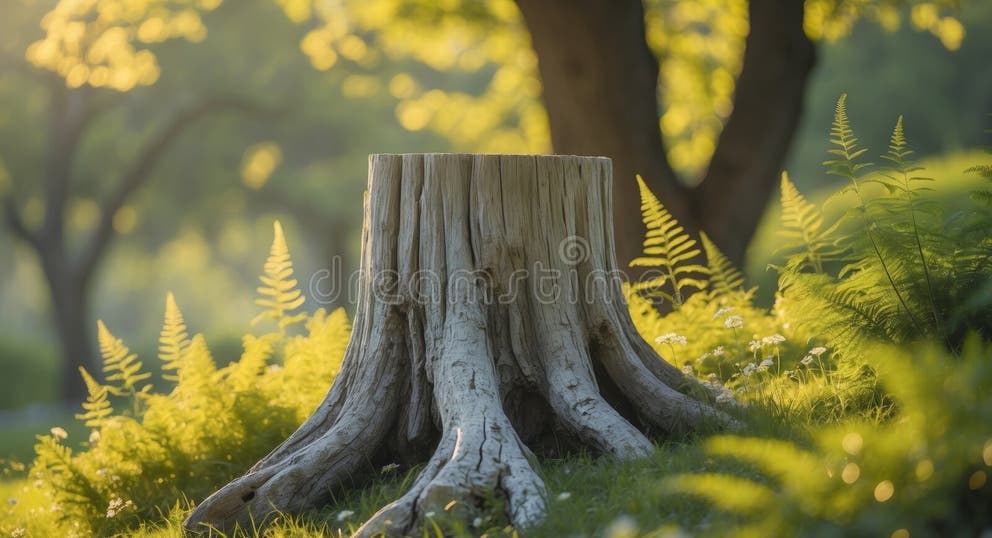 Sunlit Tree Stump in Serene Park Setting with Lush Greenery Stock Photo ...