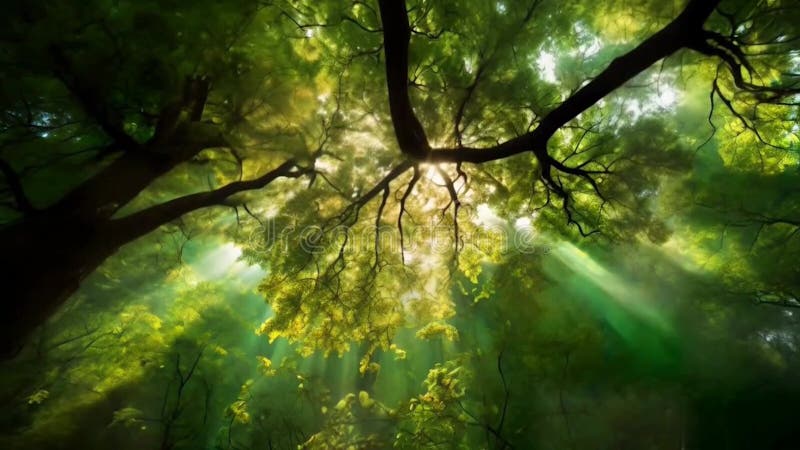 Sunlit Tree Trunk and Branches Viewed from Below – Vibrant Green Nature ...