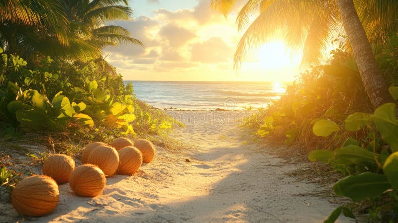 Sunlit Tropical Beach Pathway with Palm Trees and Coconuts at Sunset ...