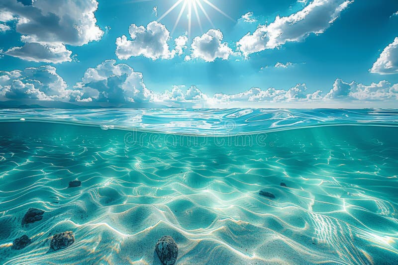 Sunlit Tropical Beach and Underwater View with Clear Turquoise Water ...