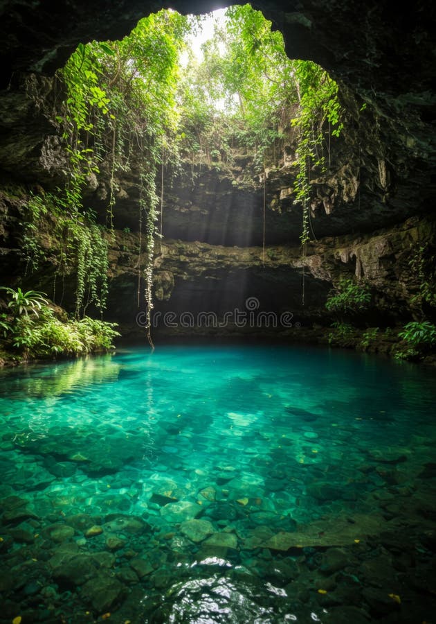Sunlit Tropical Cave Pool with Crystal Clear Water Stock Illustration ...