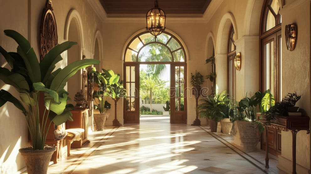 Sunlit Tropical Entryway with Grand Architecture Stock Illustration ...