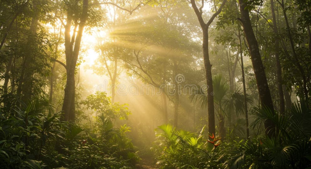 Sunlit Tropical Forest Path at Dawn Stock Illustration - Illustration ...