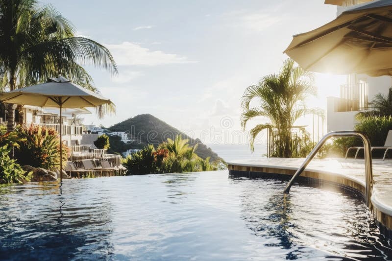 Sunlit Tropical Infinity Pool with Ocean View at Luxurious Resort Stock ...