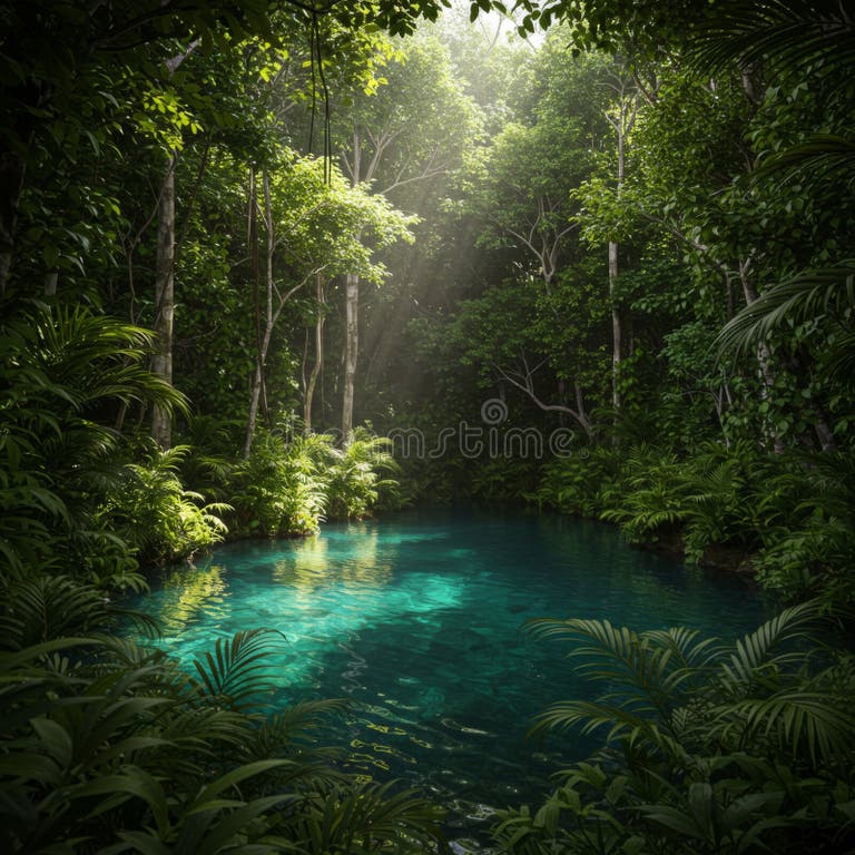 Sunlit Tropical Jungle Pool Stock Image - Image of emerald, plants ...