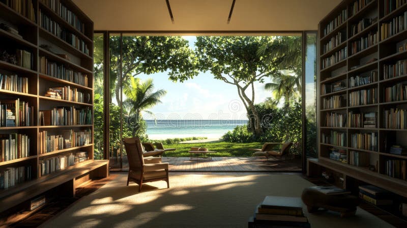 Library, with View of Vibrant Cityscape, Featuring Bustling Sidewalks ...