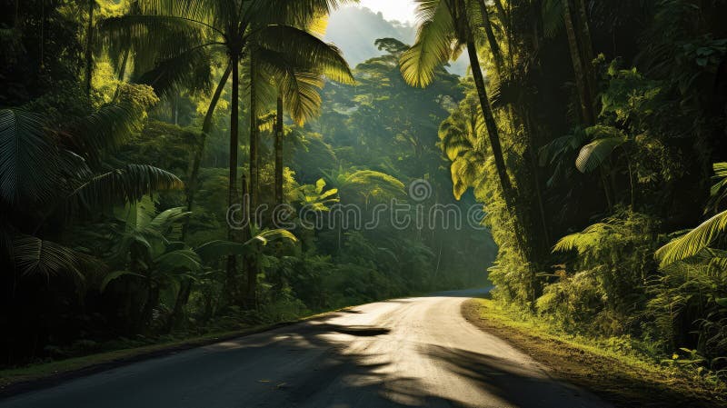 Sunlit tropical road stock image. Image of filtering - 383451161