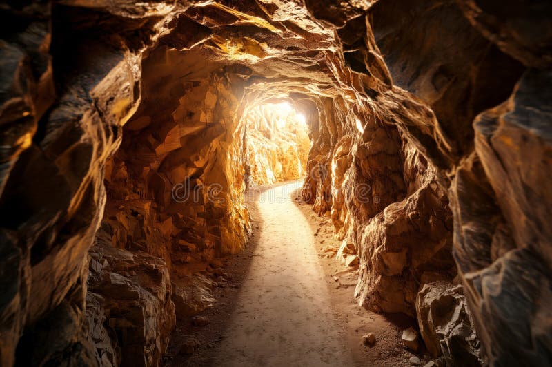 Sunlit Tunnel Path through Rugged Rocky Cavern Walls Stock Image ...