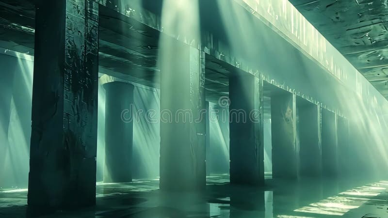 Sunlit Underground Corridor with Pillars and Reflections, Architectural ...