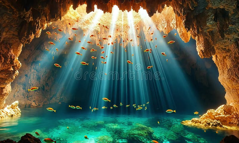 Sunlit Underwater Cave with Fish Stock Video - Video of ocean, marine ...