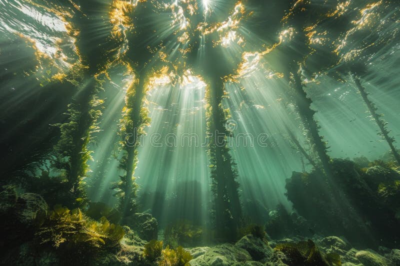 Sunlit Underwater Forest Scene with Kelp and Sun Rays Stock Image ...