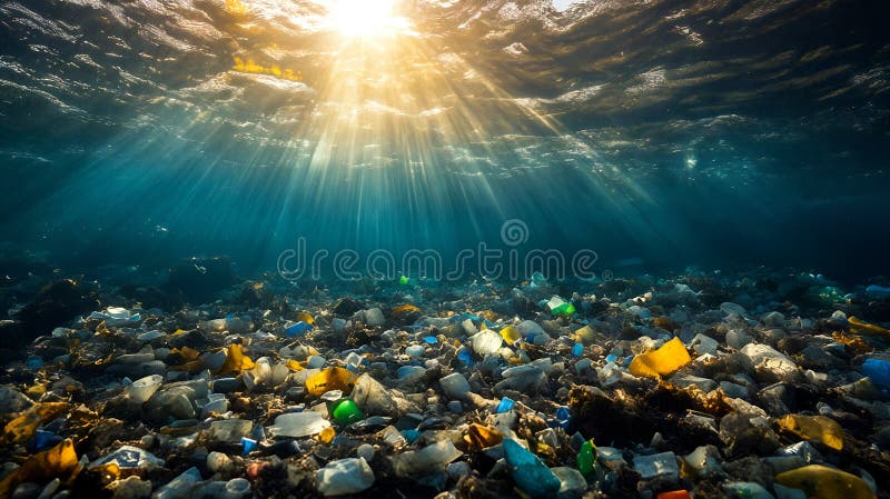 Sunlit Underwater Ocean Scene with Plastic Pollution and Marine Debris ...