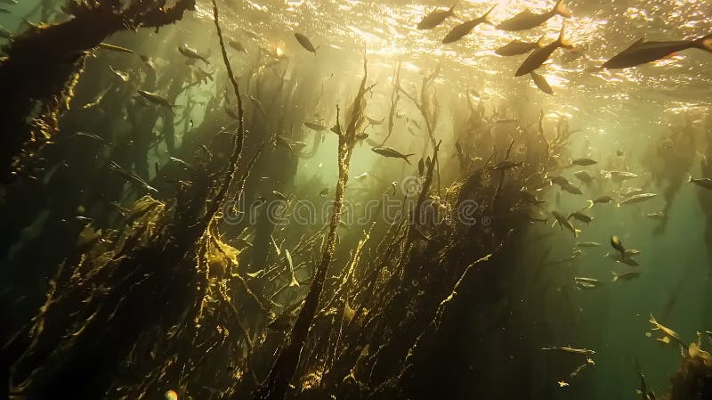 Sunlit Underwater Scene with Fish Swimming among Submerged Roots and ...