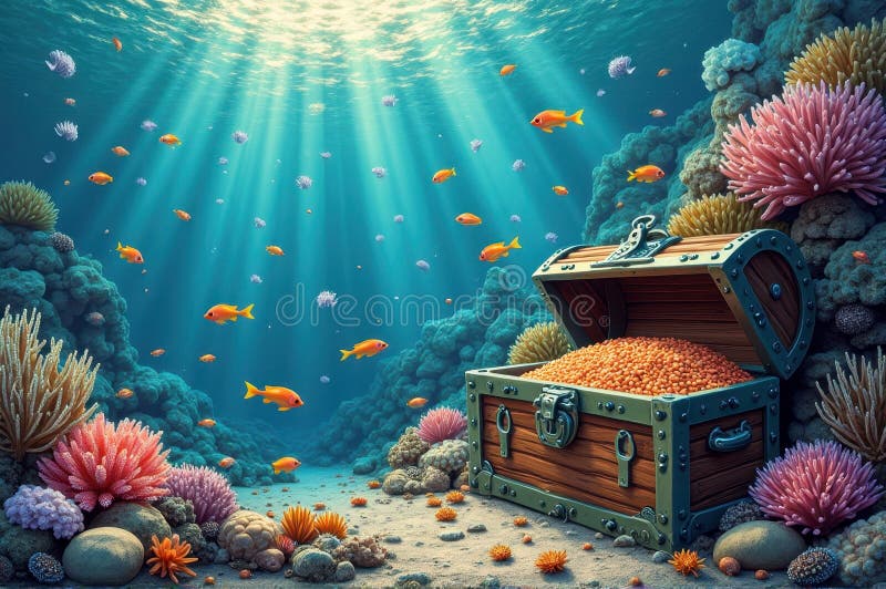 Sunlit Underwater Scene Coral Reefs Treasure Chest Stock Photos - Free ...