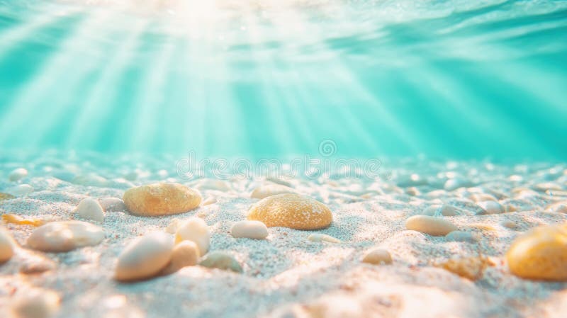 Sunlit Underwater Scene with Pebbles on Sandy Ocean Floor, AI ...