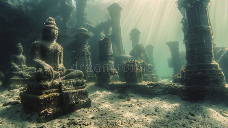 Sunlit Underwater Temple Ancient God Statues Covered in Moss and ...