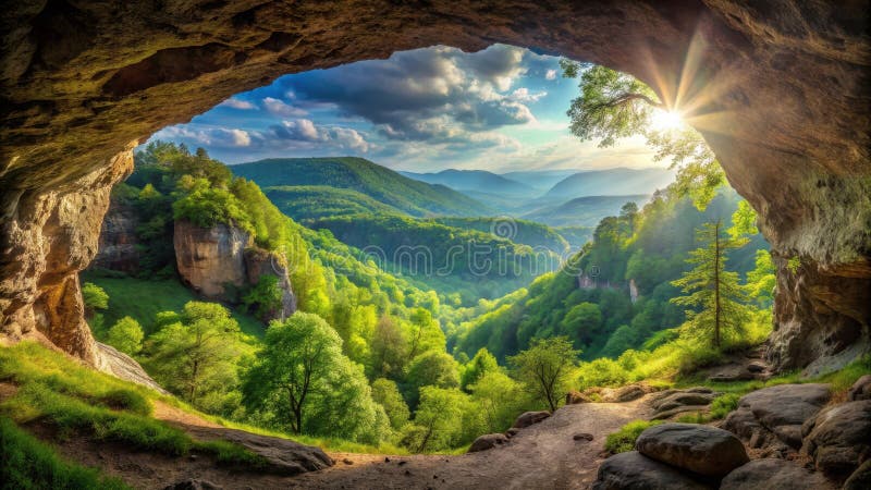 Sunlit Valley View from a Mountain Cave Opening. Generative AI Stock ...