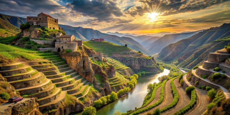 Sunlit Valley Vista Terraced Vineyards and Ancient Structures at Sunset ...