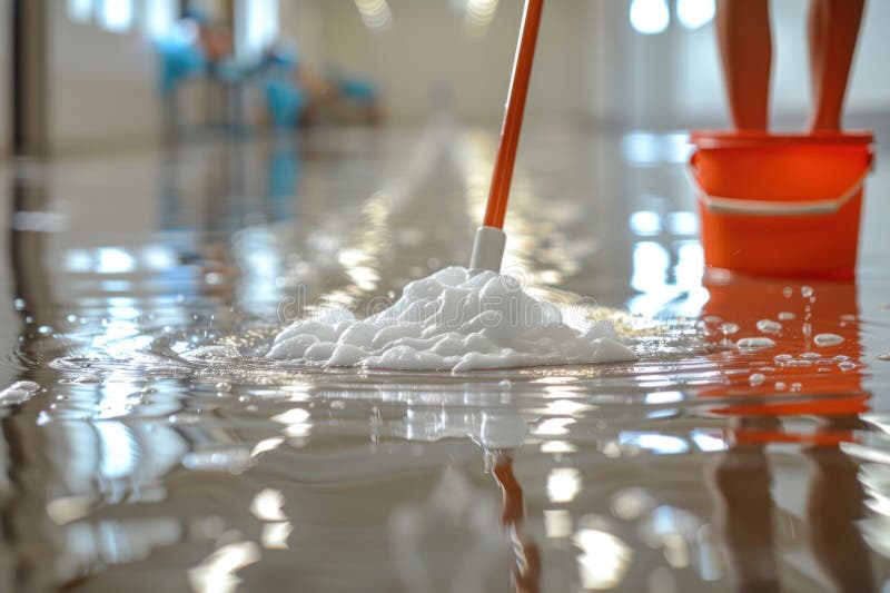 Sunlit View of Manual Floor Cleaning with a Foamy Mop in a Corridor ...