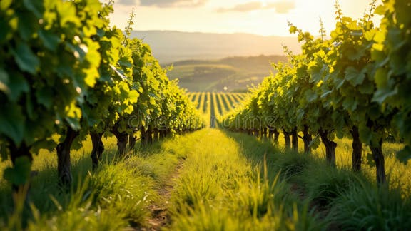 Sunlit Vineyard Rows, Panoramic Grapevine Orchard Path Stock ...