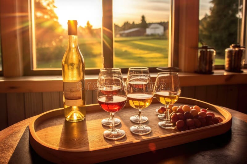 Sunlit Vineyard with a Wine Flight on a Tray Stock Illustration ...