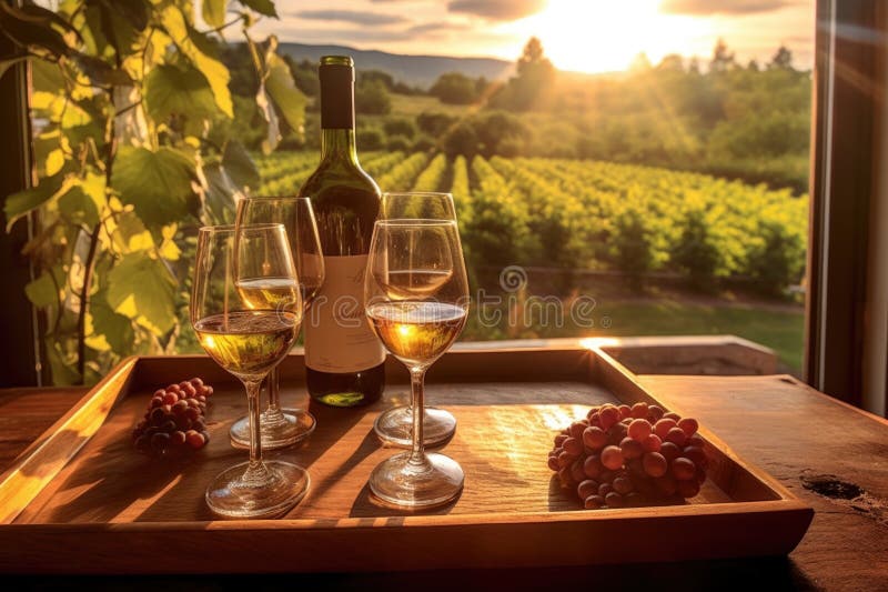 Sunlit Vineyard with a Wine Flight on a Tray Stock Illustration ...