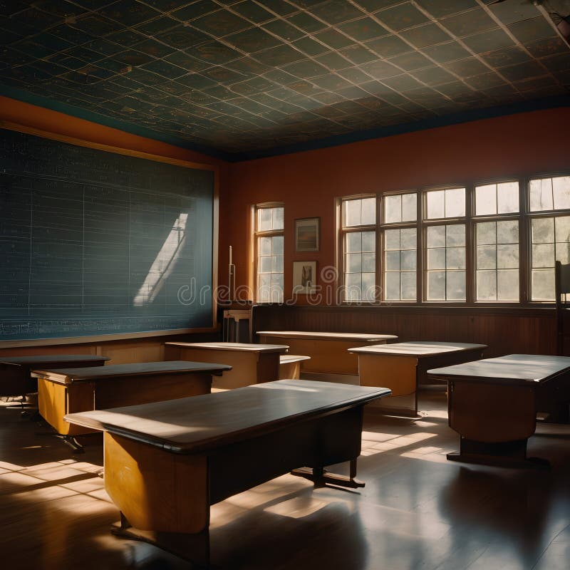 Sunlit Vintage Classroom with Wooden Desks and Chalkboard Stock ... Sunlit Vintage Classroom with Wooden Desks and Chalkboard Stock ...