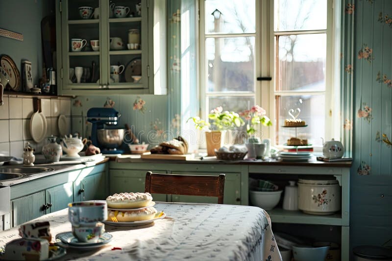 Sunlit Vintage Kitchen Scene Stock Illustration - Illustration of walls ...